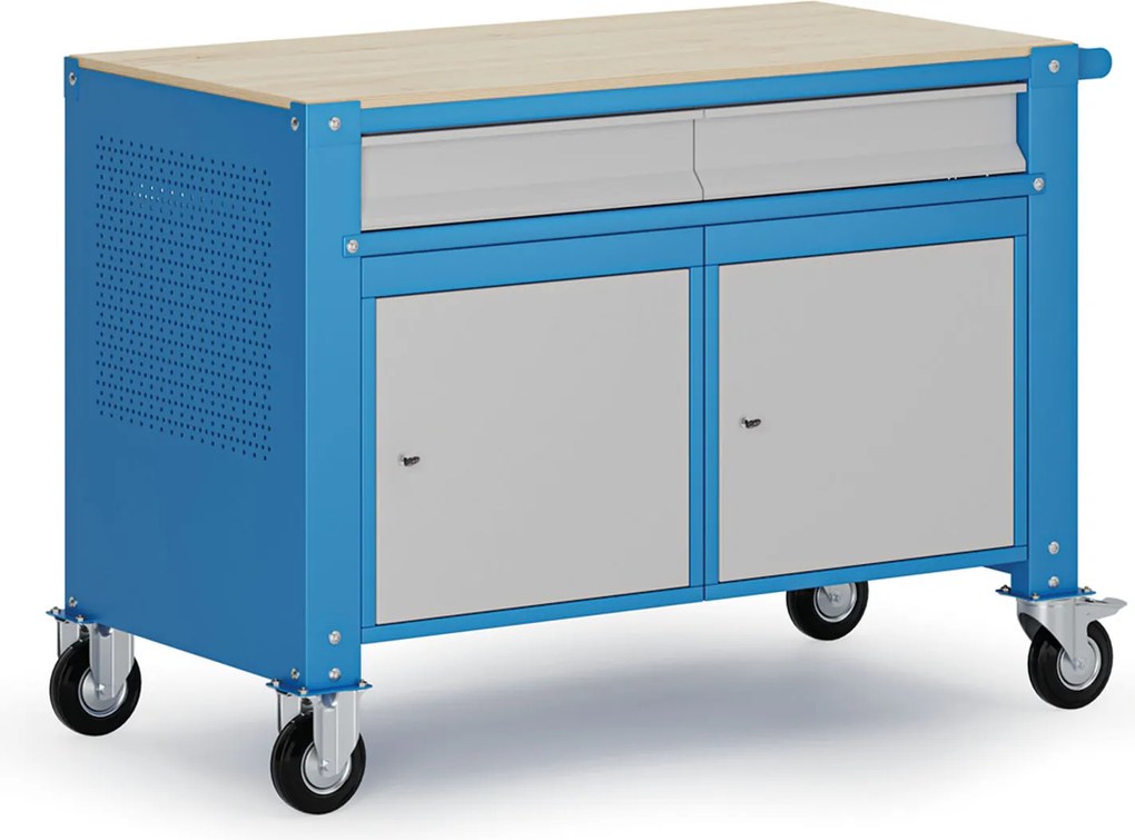 Pojízdný dílenský stůl G9, 2 skříňky, 2 zásuvky, 1180 x 595 x 865-1130 mm, šedá/modrá