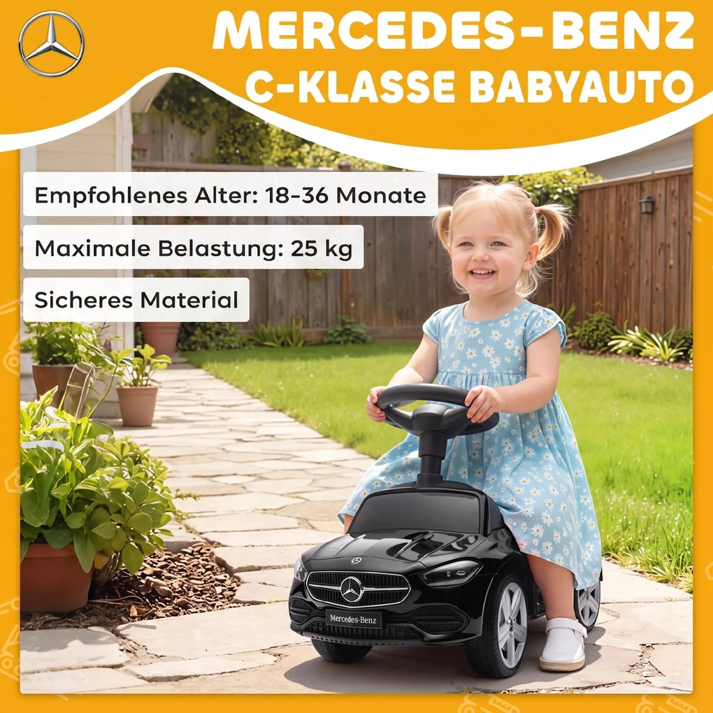 AIYAPLAY Dětské odrážedlo Mercedes-Benz C-Class s klaksonem, zvuky motoru, úložným prostorem, pro děti 18-36 měsíců, černé