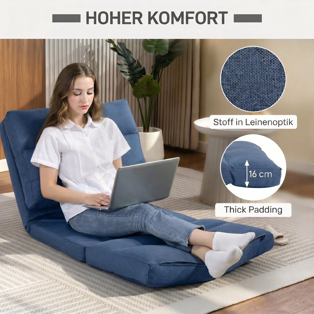 HOMCOM 1místné sklápěcí křeslo – přetvořitelné na lehátko, 5 poloh, nosnost 120 kg, tmavě modré, 70 × 72 × 56 cm