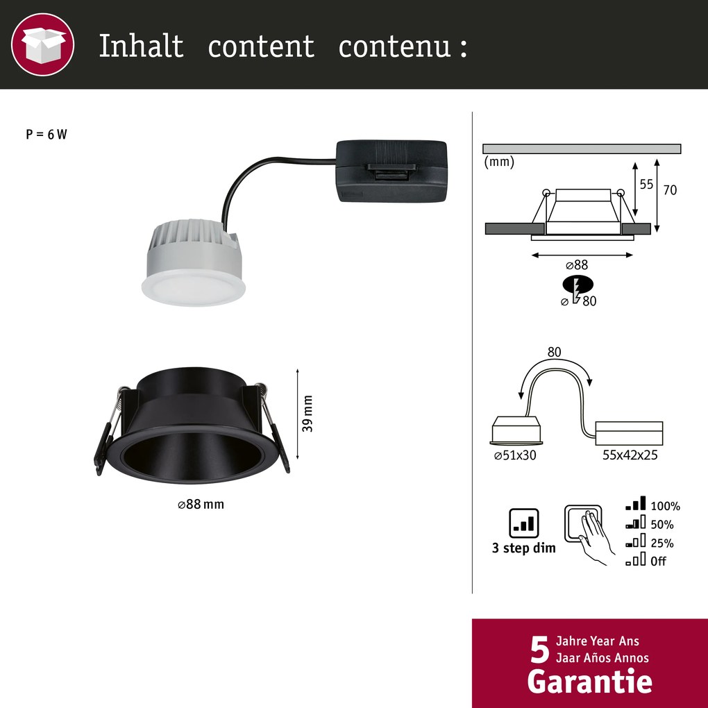 Paulmann 94871 LED Cole, bodovka v černé úpravě, 1x6,5W LED 2700K tříkrokové stmívání, prům. 8,8cm, IP44