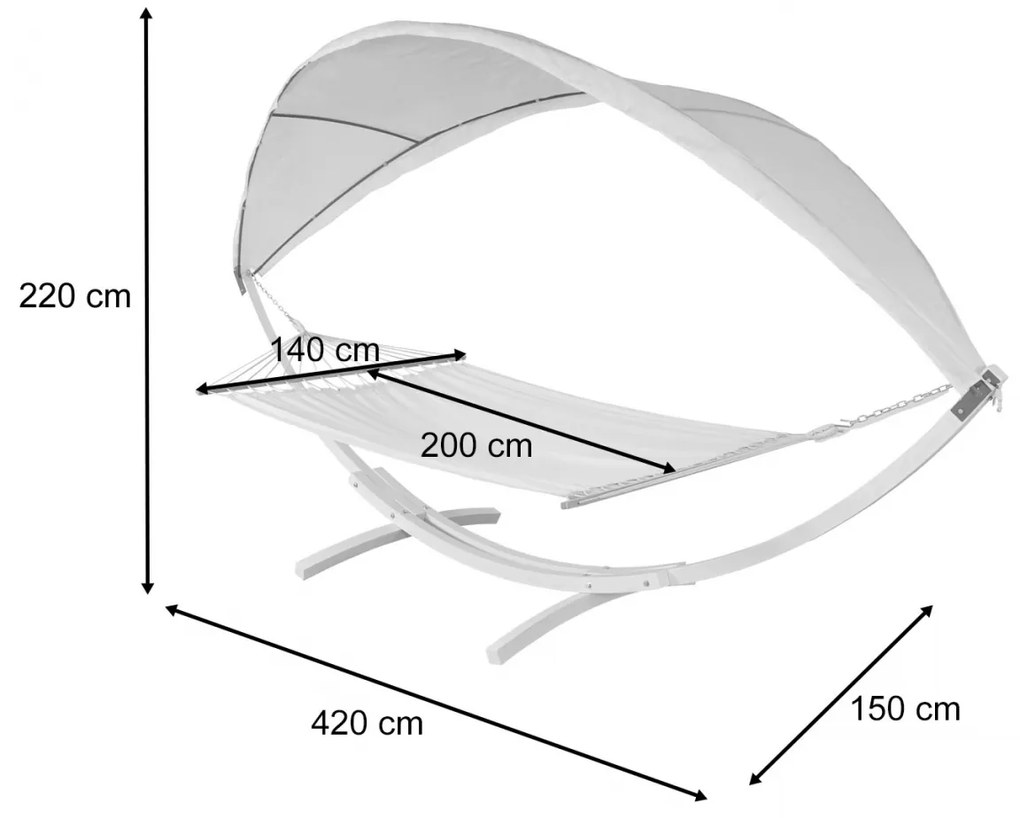 Houpací síť HWC-J47 se stříškou pro 2 osoby, dřevo, 420cm - bílá, šedá