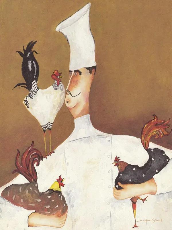 ART-STYLE Obrázek 17x22, kuchař & kohouti, rám bílý s patinou