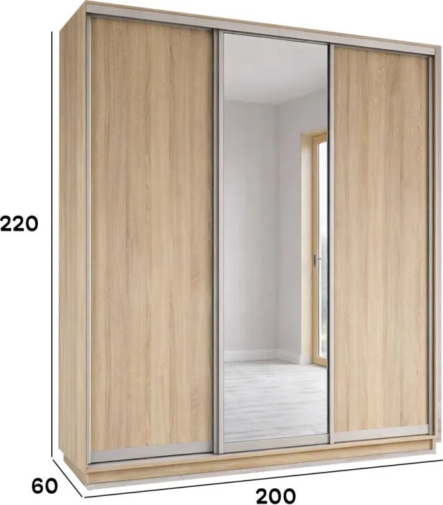 Skříň s posuvnými dveřmi 2000x2200x600 2LTD 1 Zrcadlo Dub Sonoma, profil stříbrný