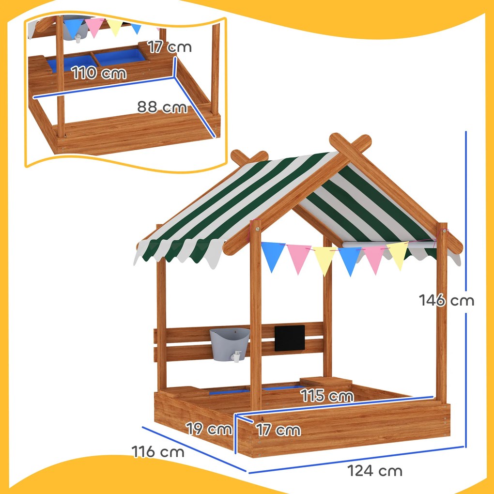 Outsunny Pískoviště s ochranou proti slunečnímu záření, design domečku na hraní, se sadou hraček, opracované masivní dřevo, 124 x 116 x 146 cm, zelen…