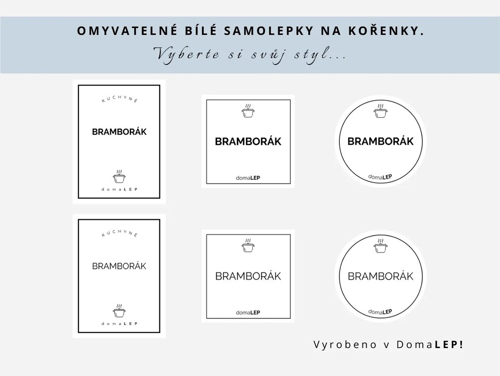 BRAMBORÁK - omyvatelná samolepka na kořenky, výběr rozměrů Ø 5 cm / 5 x 5 cm / 6 x 8 cm | DomaLEP tvar: OBDÉLNÍK, barva: BÍLÁ - ČERNÉ písmo, velikost: š. 6 cm x v. 8 cm – základní písmo