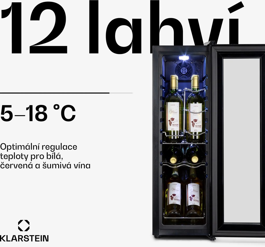 Klarstein Shiraz 12 Slim, vinotéka, 32 l, 12 lahví, 85 W, 5-18 °C, dotykový ovládací panel