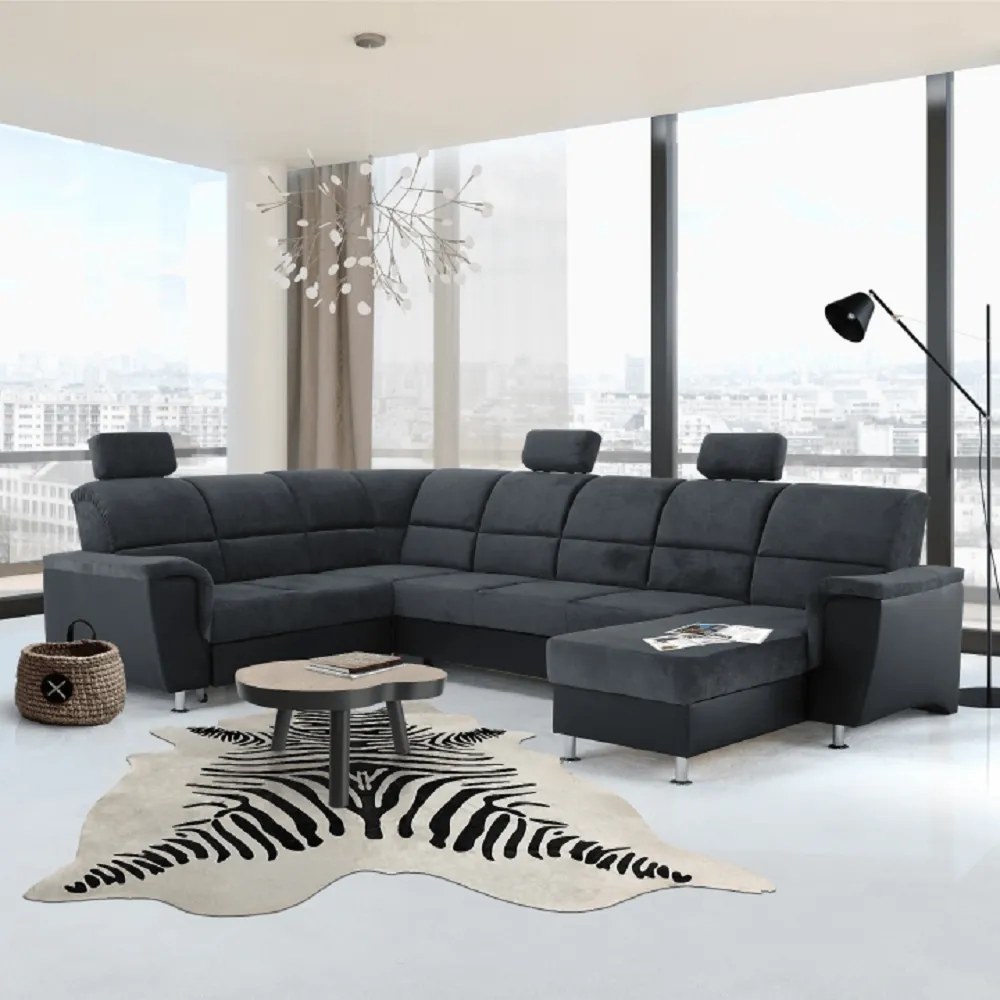 Kondela Sedací souprava, ekokůže černá / látka tmavě šedá, levá, SANTIAGO U