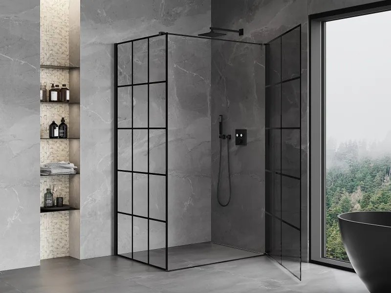 Mexen Mist-B, 1-křídlý výklopný sprchový kout, pravý, 70 x 75 cm, čiré sklo-černá mřížka, 8A2T-070-075-70-77-P