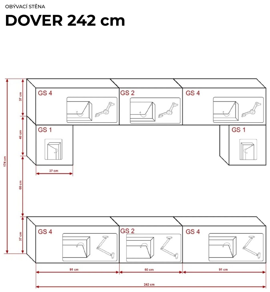 Ral Obývací stěna DOVER 2, 242 cm - Bílý lesk