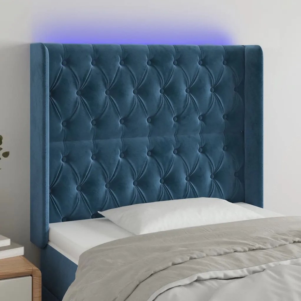 Čelo postele s LED tmavě modré 93 x 16 x 118/128 cm samet 3124424