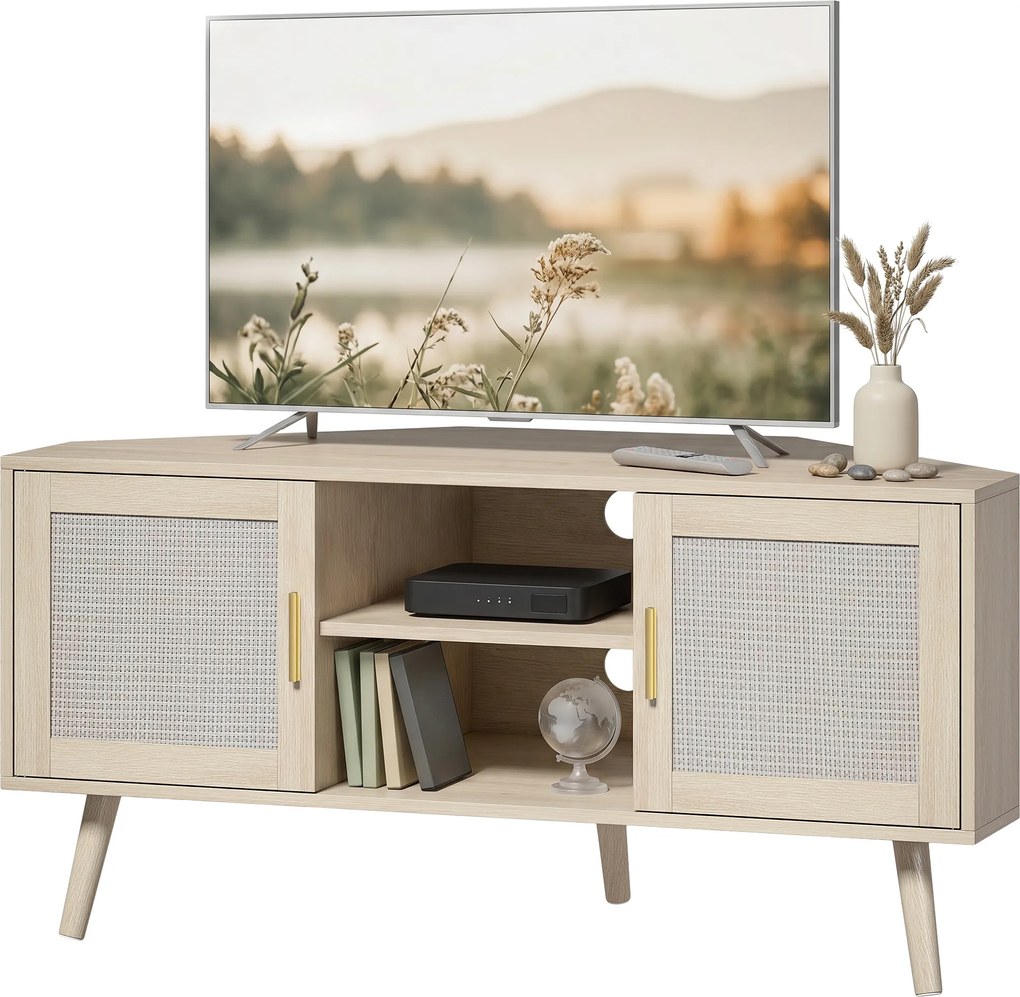 HOMCOM rohový televizní nábytek 115 cm, nábytek pod televizi pro televize až 65 palců, 2 ratanové dveře, 2 přihrádky, dub