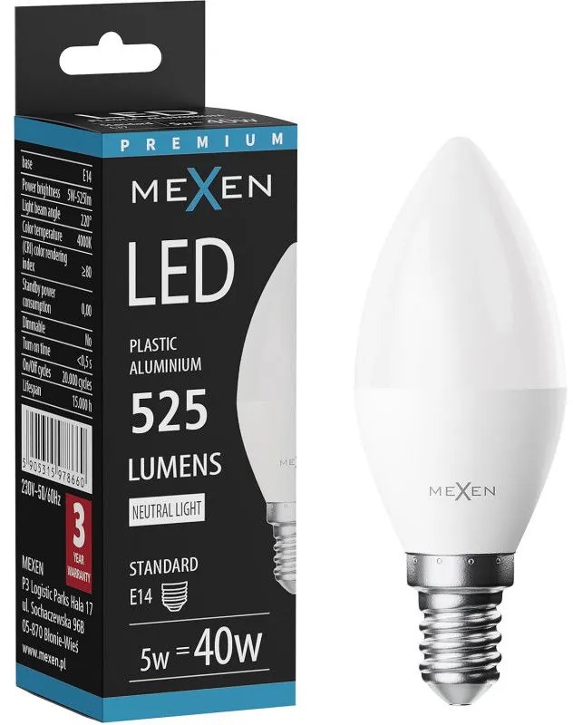 Mexen Nova LED žárovka E14, C37, 5W, Neutrální - 4000K, 525 lm - L102-E14-0540-01