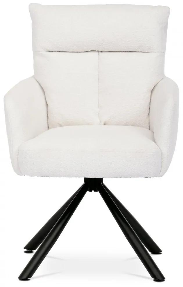 Jídelní židle, bílá látka bouclé, otočná s vratným mechanismem - funkce reset, černé kovové nohy HC-541 WT2