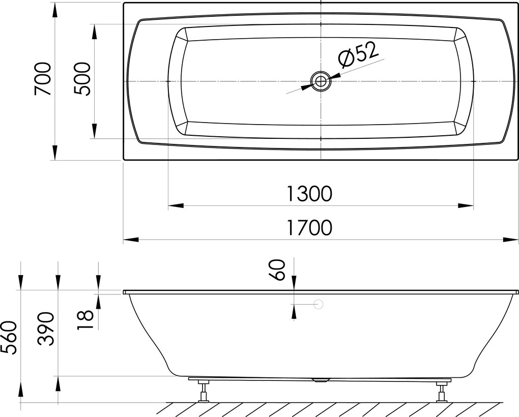 Polysan Lily Slim obdélníková vana 170 x 70 x 39 cm bílá 72230S