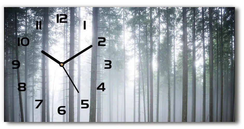 Wallmuralia Skleněné hodiny na stěnu tiché Mlha v lese 60x30 cm
