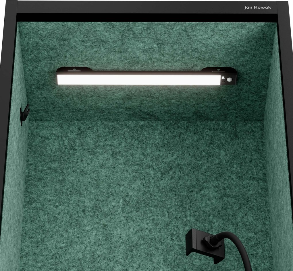 Kancelářská akustická kabina se sedátkem a USB-C portem, korpus černý / sedák zelený, 600 mm: SALLY MentalBox