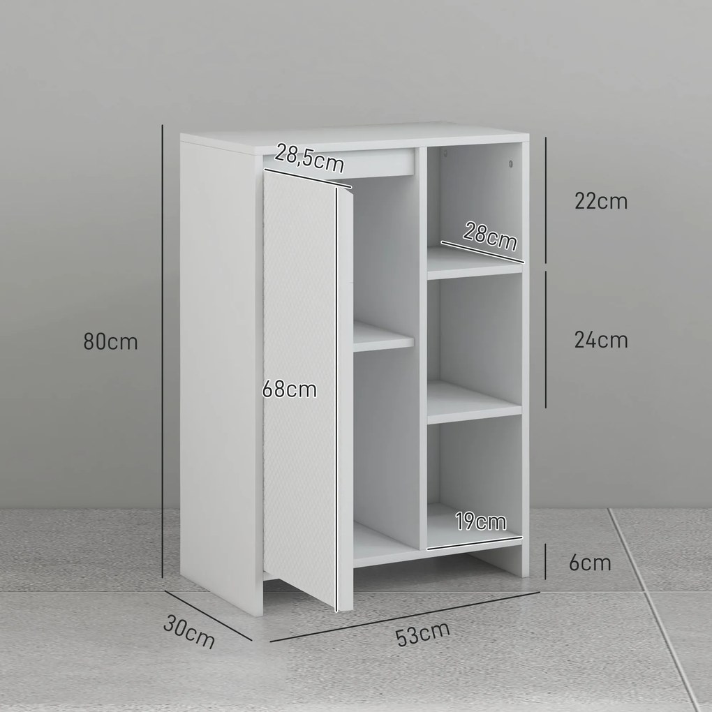 Koupelnová skříň HOMCOM, úložný nábytek se 3 otevřenými přihrádkami a 1 skříňkou s nastavitelnou policí, 53 x 30 x 80 cm, bílá