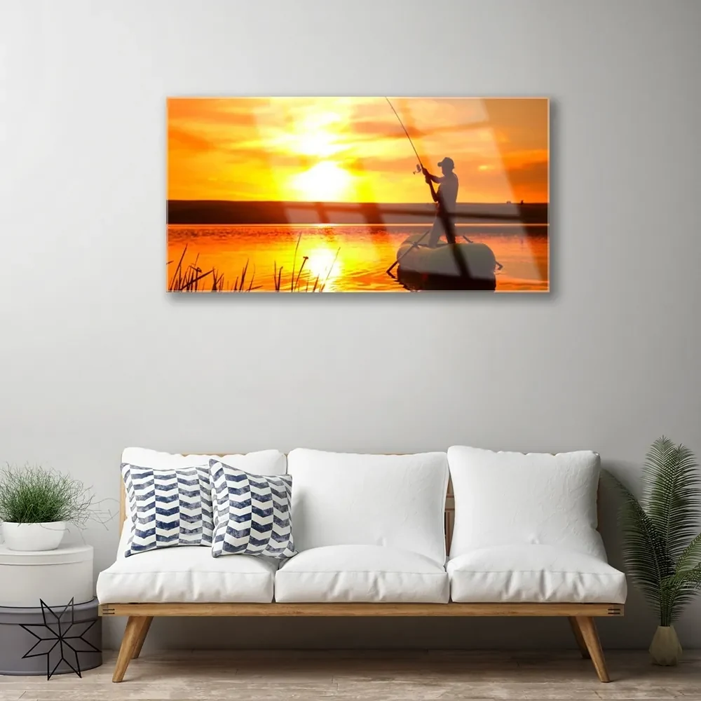 Obraz na skle Rybář Ryby Západ Jezero 120x60 cm | BIANO