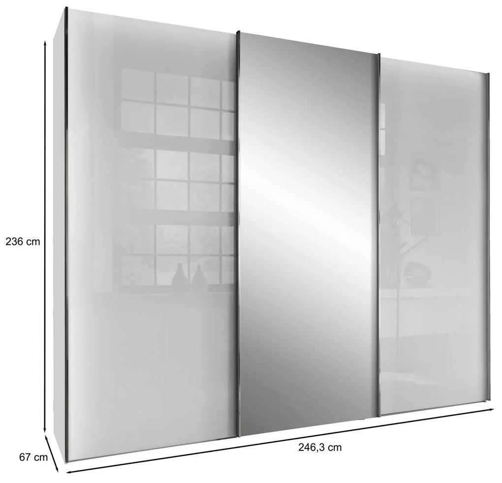 Třídveřová šatní skříň s posuvnými dveřmi Monaco 250 cm , bílá