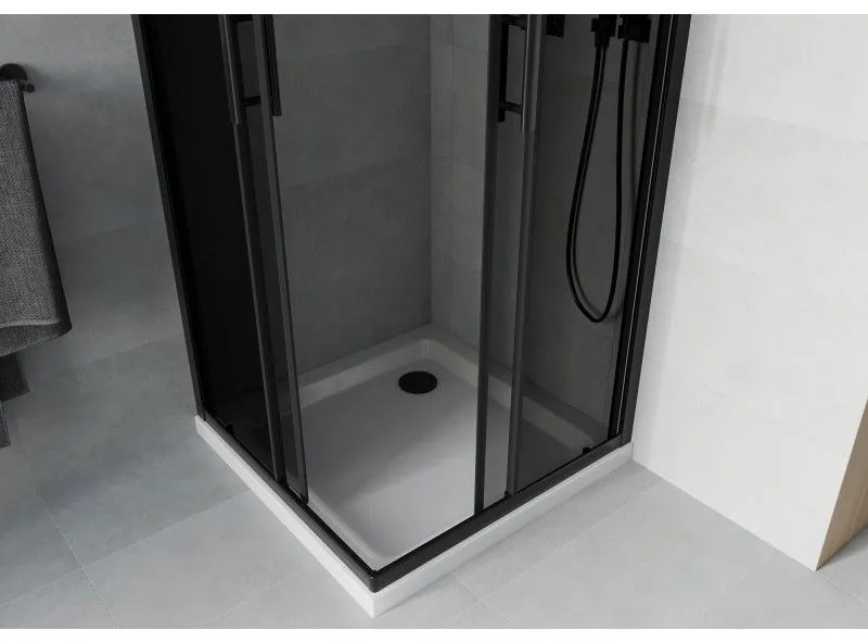 Mexen Rio, čtvercový sprchový kout 80(dveře)x80(dveře)x190 cm, 5mm šedé sklo, černý profil + bílá sprchová vanička SLIM, 860-080-080-70-40