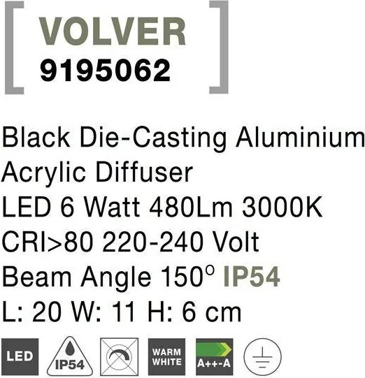 NV 9195062 Venkovní nástěnné svítidlo VOLVER černý litý hliník akrylový difuzor LED 7W 3000K 220-240V 150st. IP54 - NOVA LUCE