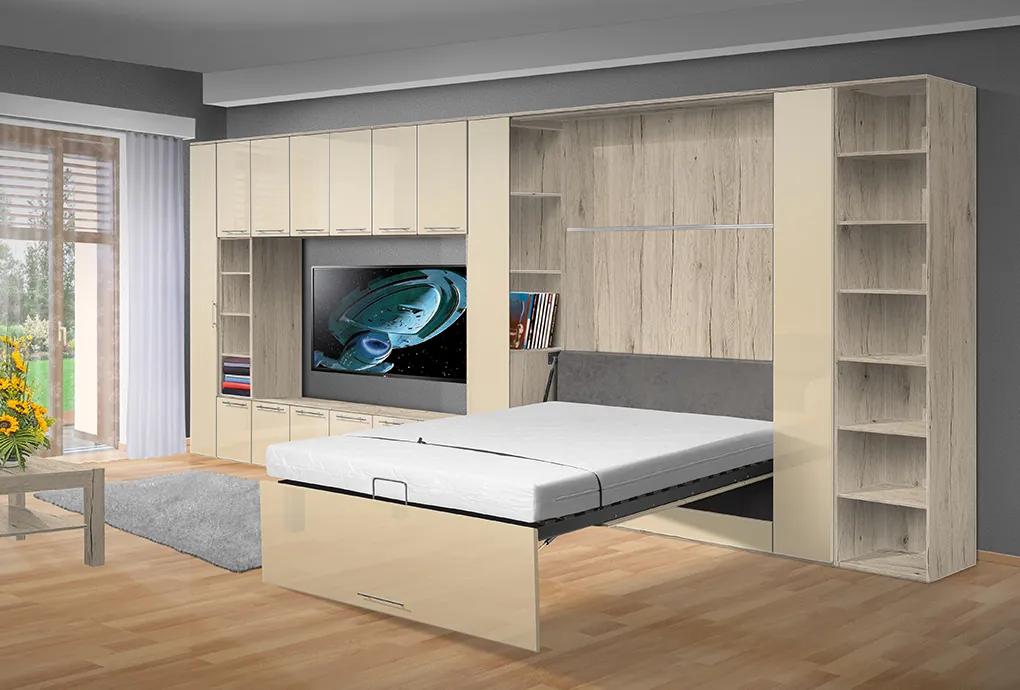 Obývací sestava s výklopnou postelí VS 4070P, 200x180cm odstín lamina - korpus: dub san remo, odstín dvířek: béžová lesk