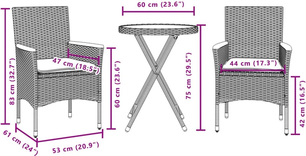 3dílný bistro set s poduškami šedý polyratan a akácie 3278754