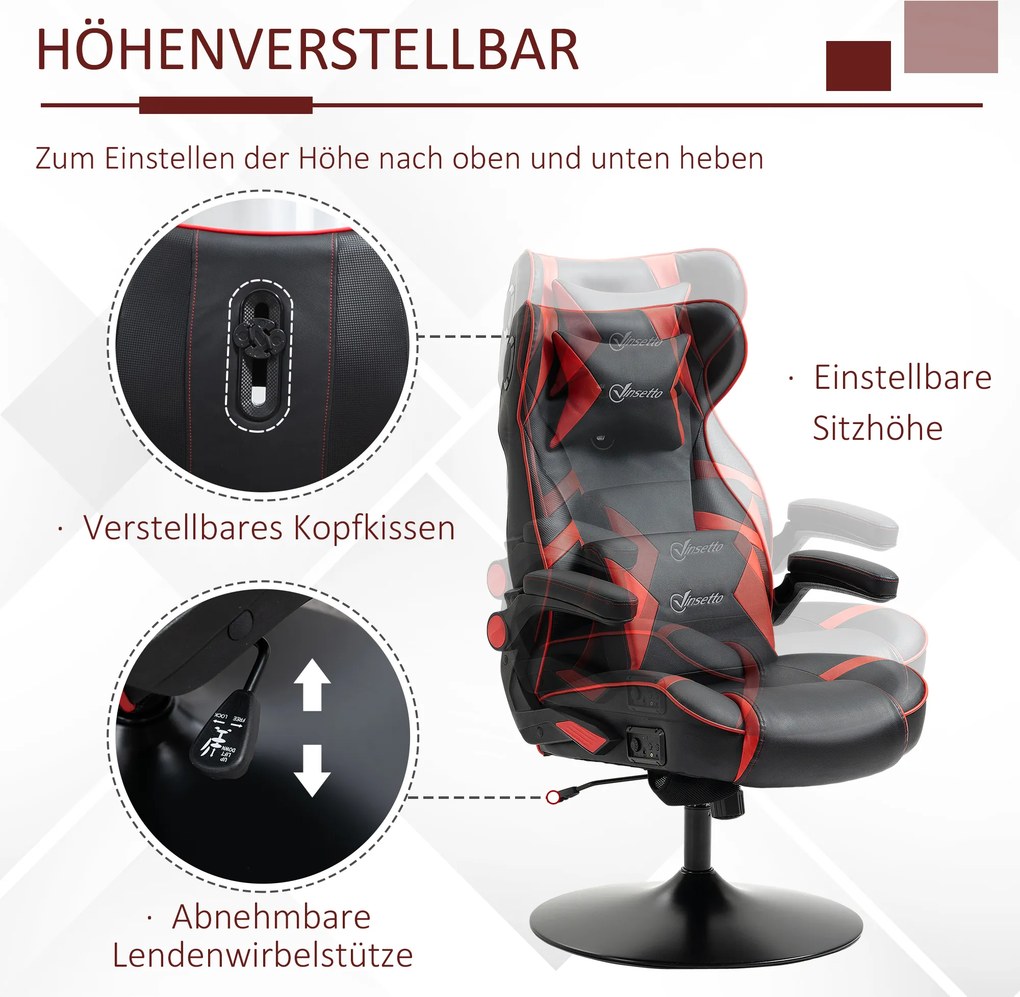 Výškově nastavitelná herní židle Vinsetto s ergonomickou houpací funkcí, reproduktory, bederní a krční opěrkou z umělé kůže | Aosom.de