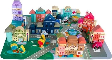 Montessori dřevěné kostky Kruzzel 23519 s podložkou veselé město 115 ks