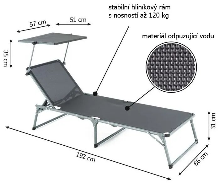 Garthen Zahradní skládací lehátko se stříškou XXL - antracit