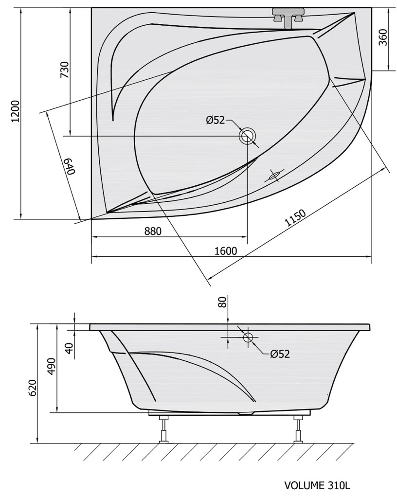 Polysan TANYA L asymetrická vana 160x120x49 cm, bílá, 65119