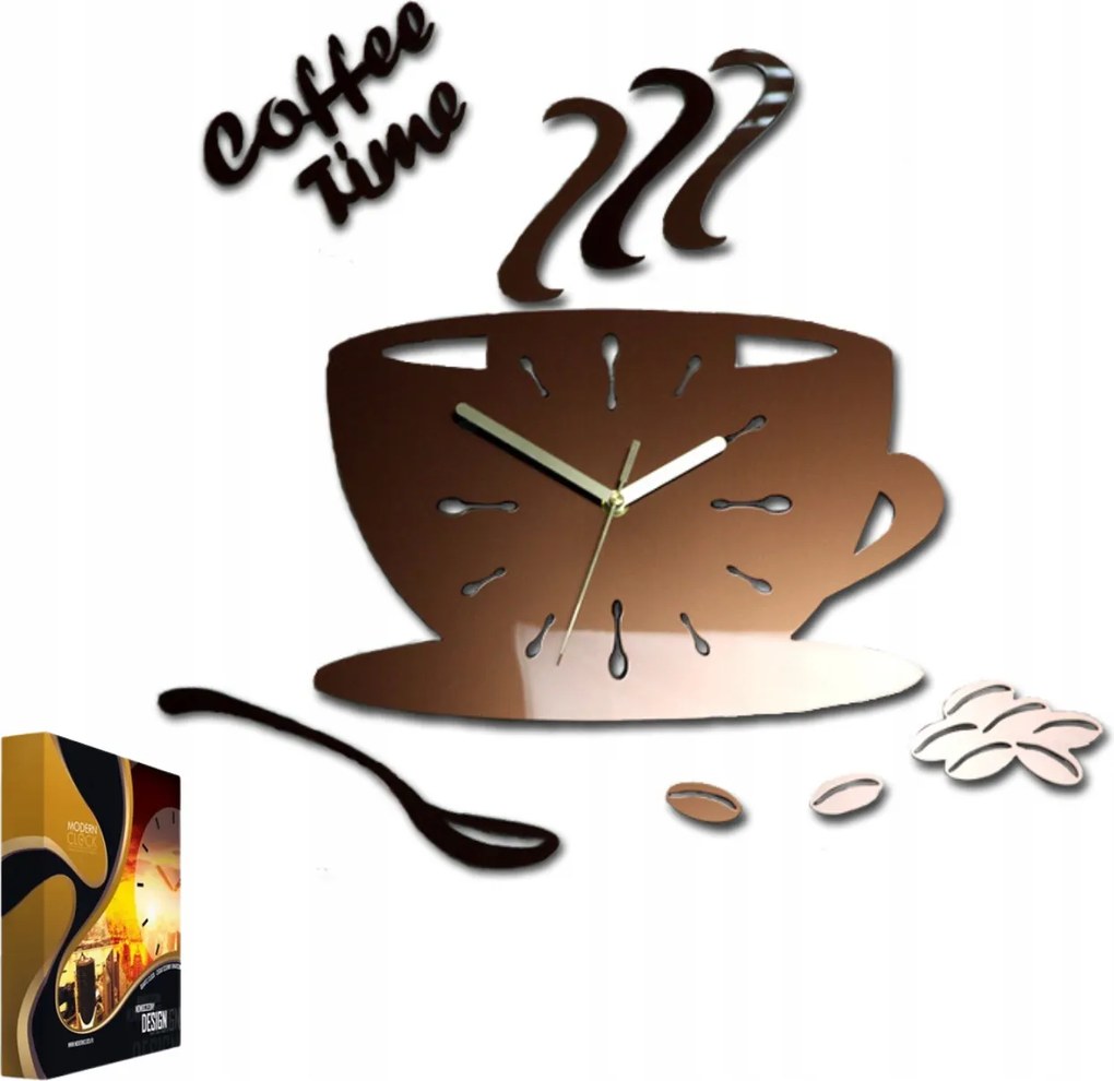 Nástěnné hodiny ve tvaru šálku Coffe Time Metalic copper Kulatý