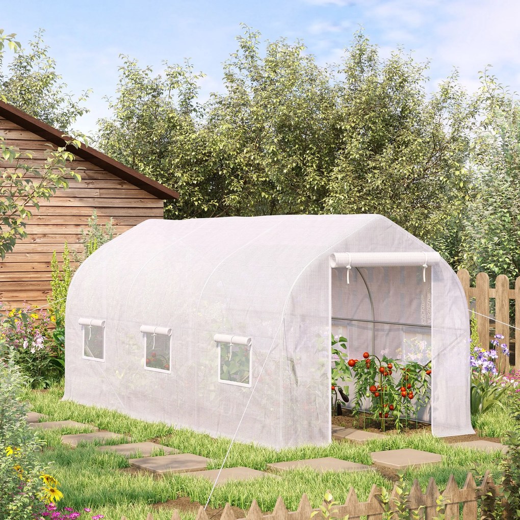 Zahradní skleník Outsunny 4x2x2 m tunelového typu s 6 větracími okny a rolovacím zipovým dveřmi pro pěstování rostlin a zeleniny, bílý | Aosom