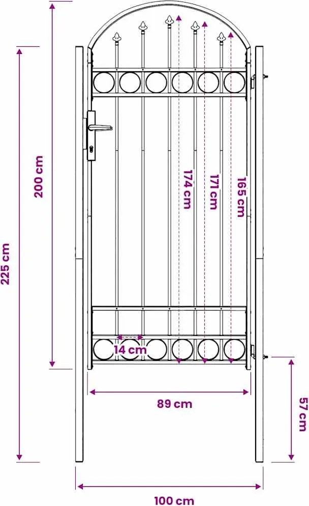 Plotová brána ASSEN s klenutým vrškem ocelová 100 x 200 cm černá 146339