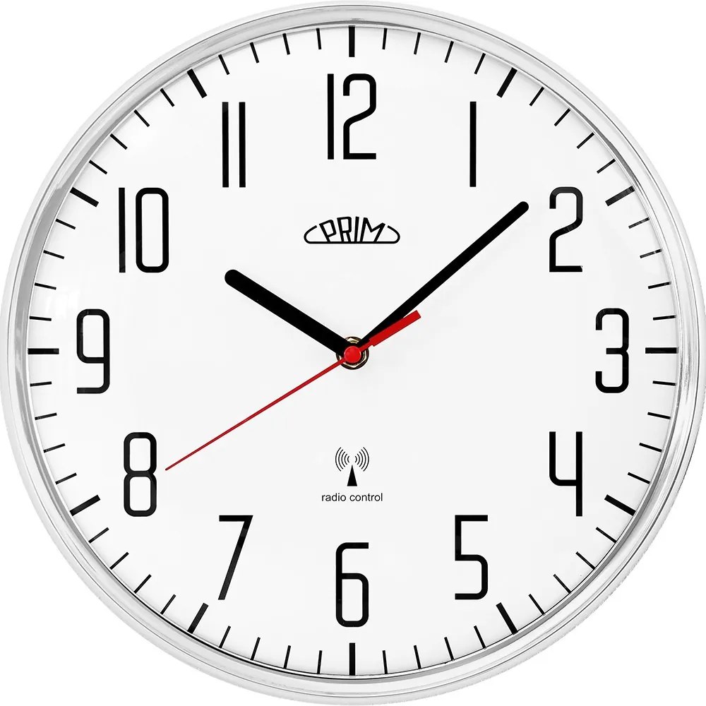 Plastové hodiny bílé/lesklé stříbrné PRIM Radio ∅ 292 x 48 mm