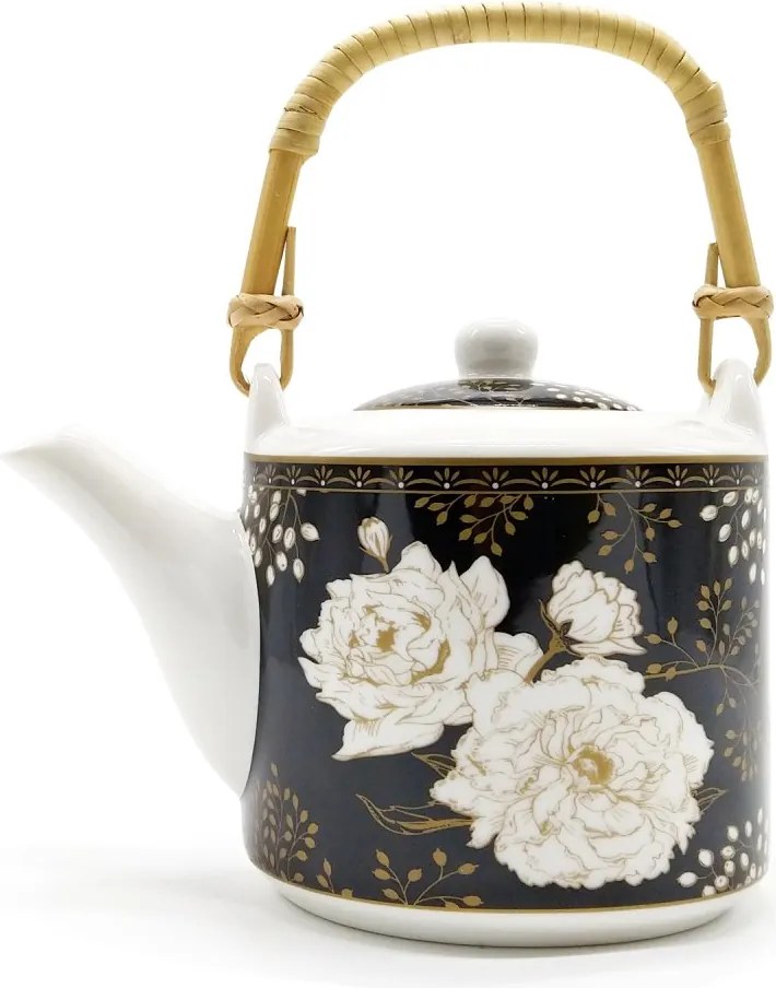 Porcelánová čajová souprava Art Deco, konvice 0,6 l – s bambusovým držadlem, se 2 šálky, art deco design, s nerezovým sítkem
