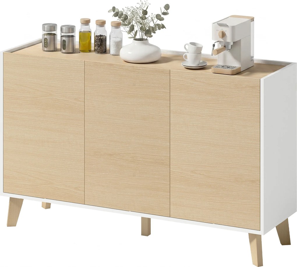 HOMCOM kuchyňské buffet, severský úložný nábytek, 3 dveře se soft-close, 6 přihrádek, přírodní vzhled dřeva a bílá