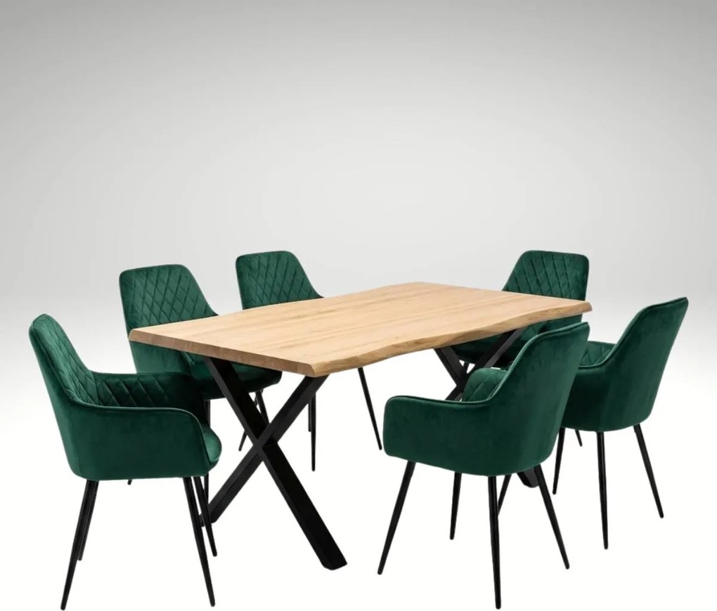 Vikio Jídelní set pro 6 osob 160x90 cm soft dub noha X zelená židle s područkami VJS226-6Z