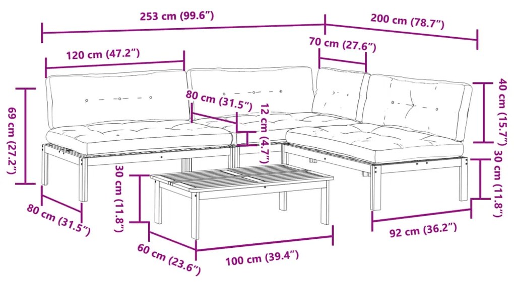 4Dílná Zahradní Paletová Sedací Souprava Podušky Masivní Akácie Béžová - 2x středová   rohová  stůl / Světle hnědá