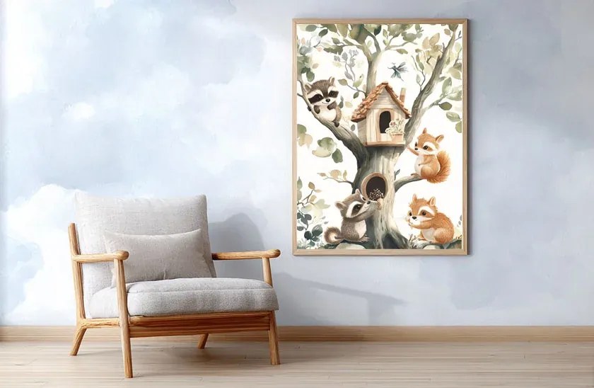 Lesní kamarádi - obraz - Zvířátka u domečku na stromě 74 - 40 x 50 cm - 499 Kč