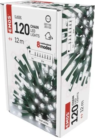 Vánoční osvětlení EMOS D4AC08 ZY2016 120LED řetěz 12m studená bílá 8 programů svícení