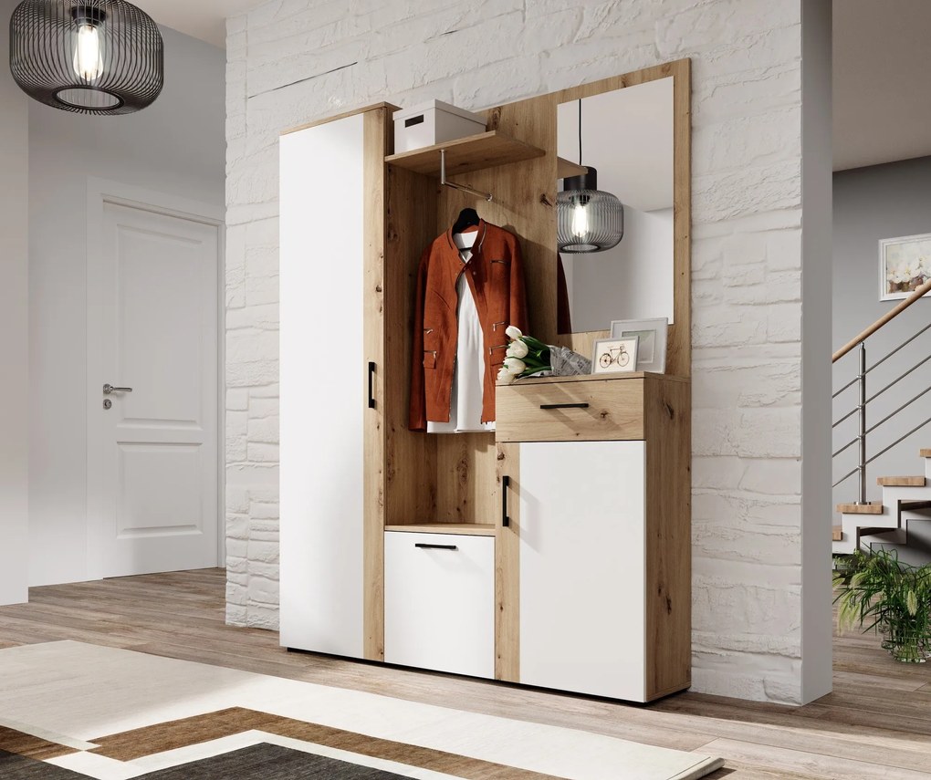 Předsíňová stěna Trio se zrcadlem 145 cm dub Artisan/bílá