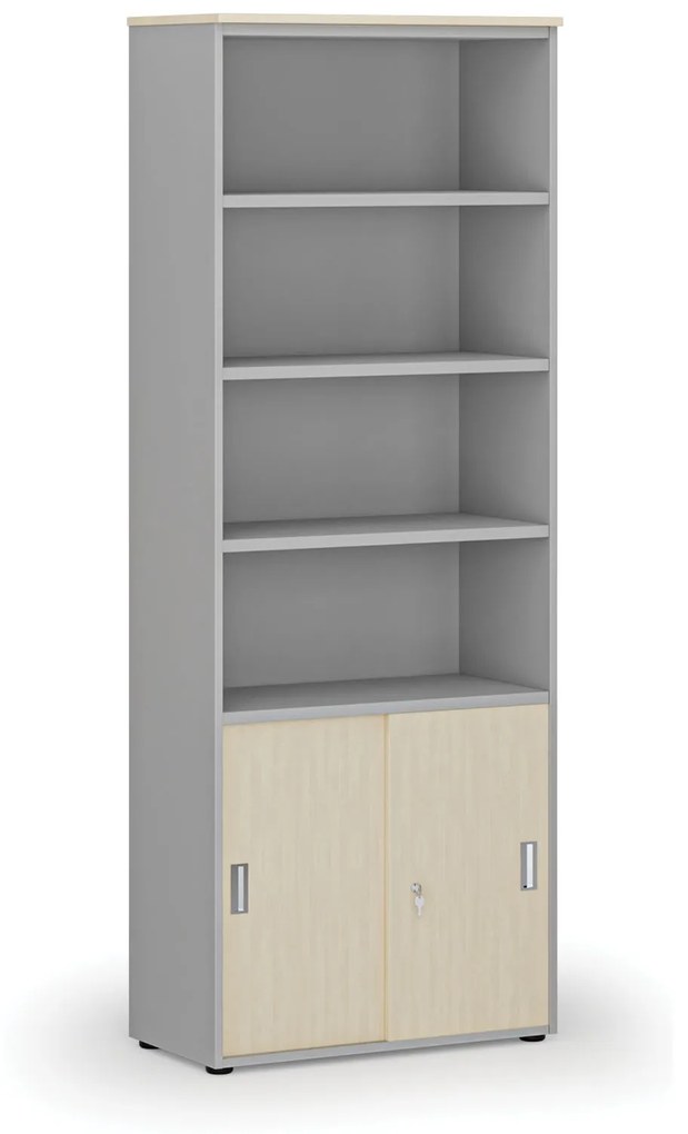 Kombinovaná kancelářská skříň PRIMO GRAY, zasouvací dveře na 2 patra, 2128 x 800 x 420 mm, šedá/třešeň