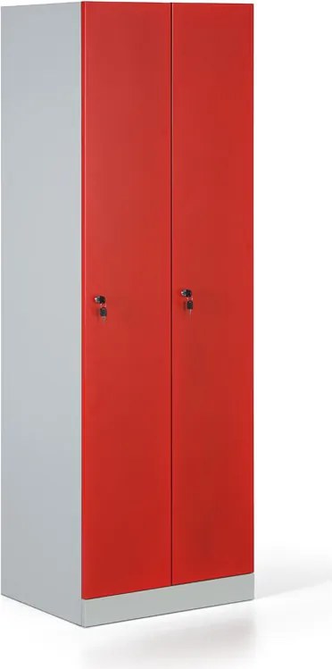 Kovová šatní skříňka S1, 2 oddíly, 1850 x 600 x 500 mm, demont, cylindrický zámek, červené dveře