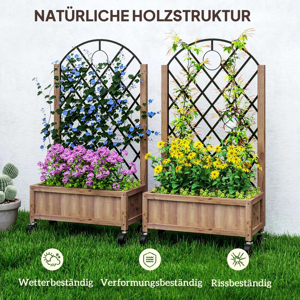 Outsunny 2-dílná sada vyvýšených záhonů s kolečky, treláž, dřevěný květináč pro espaliér, zahradní treláž 52x25x97cm pro balkon a terasu, květináč pr…