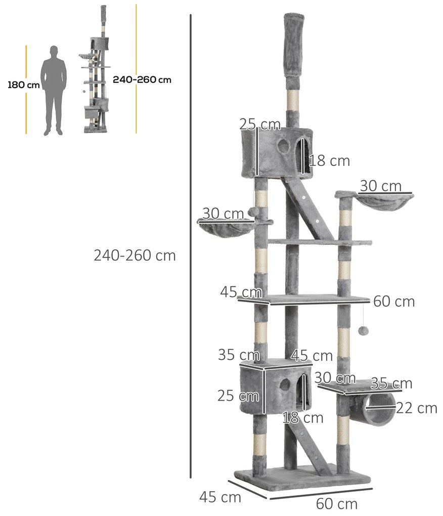 PawHut škrabadlo pro kočky 240-260 cm vysoké sisalové šplhací stromy světle šedé levně pro milovníky koček | Aosom.de