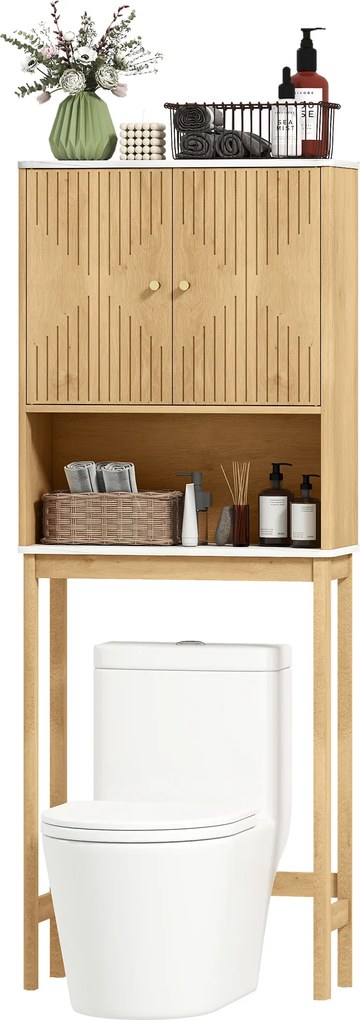 HOMCOM WC nástavec na toaletu s dvoudveřovou skříňkou a policemi 66 x 25 x 168 cm, dub
