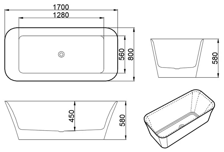 BPS-koupelny Volně stojící akrylátová vana HYD-VIA511C 170x80 bílá, odtokový komplet zlatý kartáčovaný