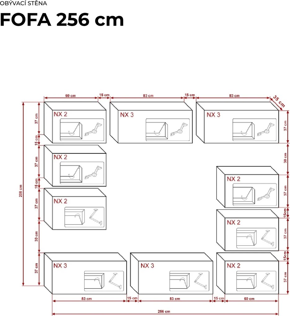 Ral Obývací stěna FOFA 4, 256 cm - Zlatý dub