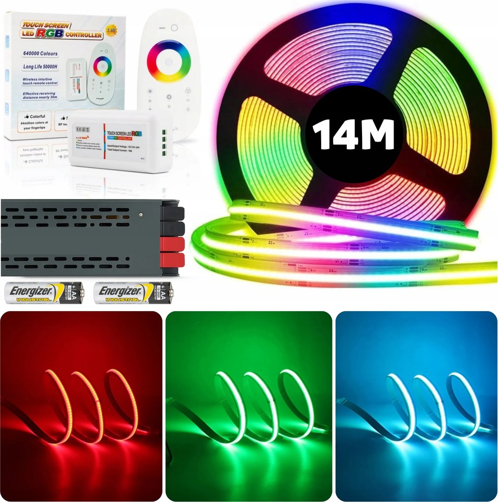 Set 14M Led pásek Cob Rgb neonový 840 diod 15W 24V s dálkovým ovládáním a napájecím zdrojem